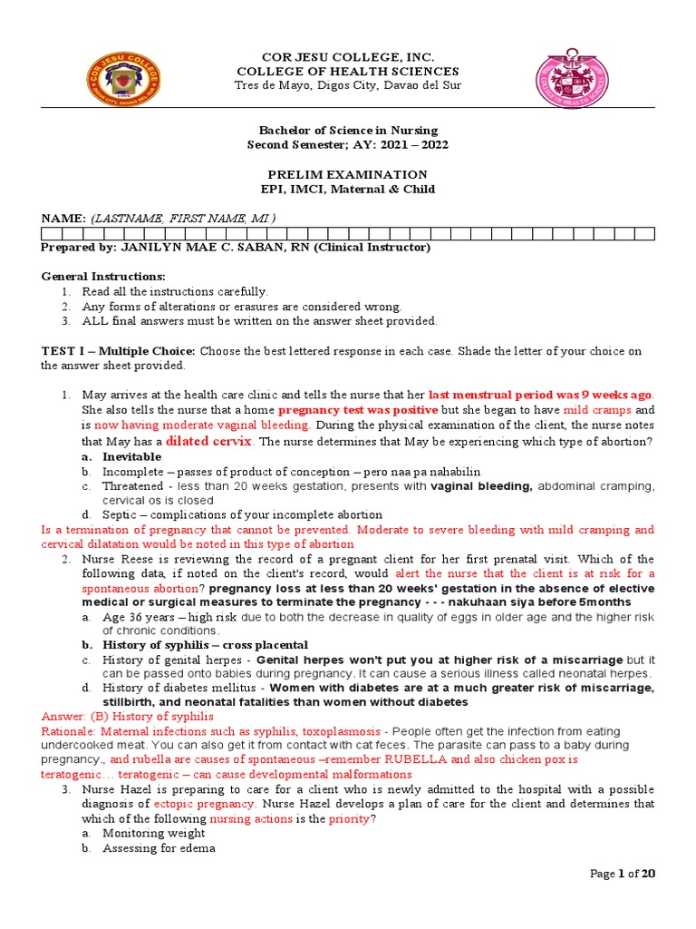 Nursing Prelim Exam: EPI, IMCI, Maternal & Child | PDF | Twin | Pregnancy