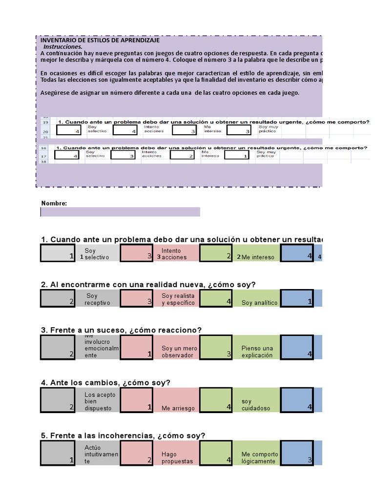 Inventario de KOLB Diagnóstico de Estilos de Aprendizaje (2) | PDF | Aprendizaje | Teorías ...