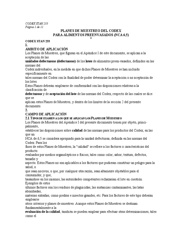 Codex Stan 233 Planes Muestreo Alimentos Pre-Envasados | PDF | Muestreo (Estadísticas) | Alimentos