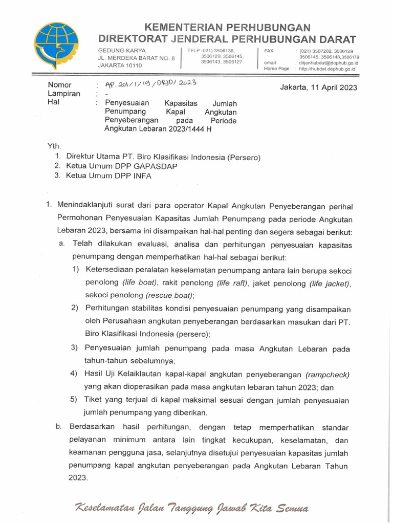 HUBDAT - Penyesuaian Kapasitas Penumpang Kapal Penyeberangan ANGLEB 2023 | PDF