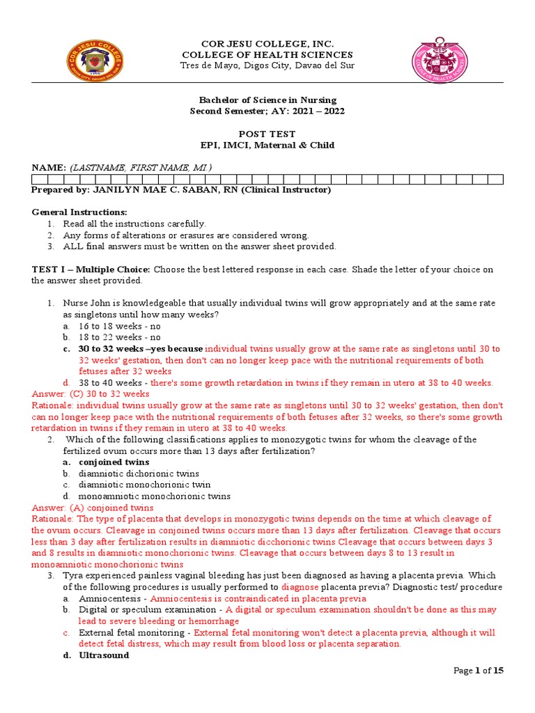 Set 2 Post Test CA3 EPI IMCI Mother and Child With Answer | Download ...