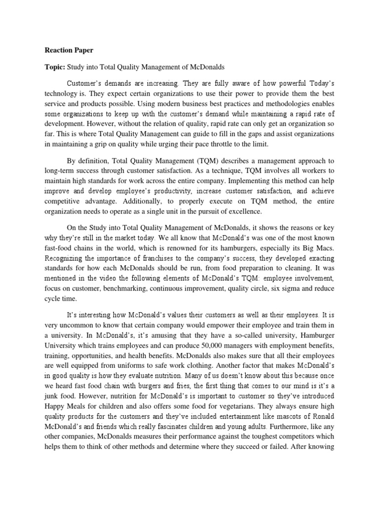 Reaction Paper | PDF | Quality Management | Mc Donald's