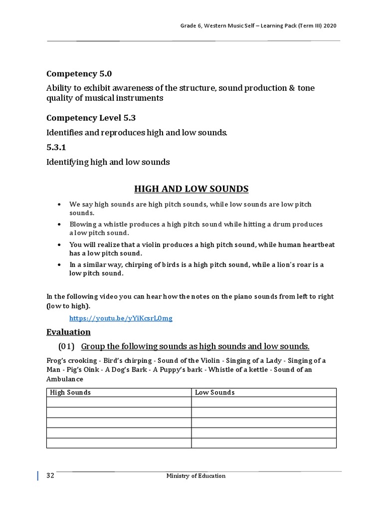 Identifying High and Low Sounds | PDF