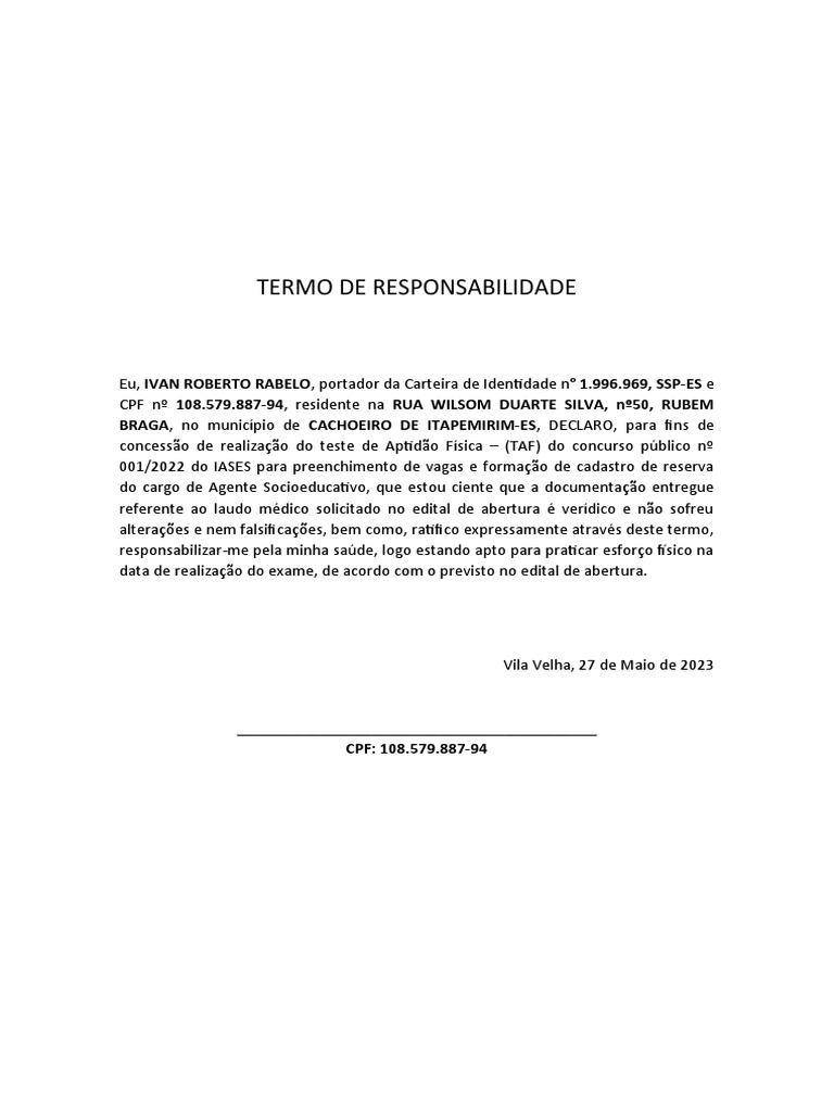 Termo de Responsabilidade (Taf) | PDF
