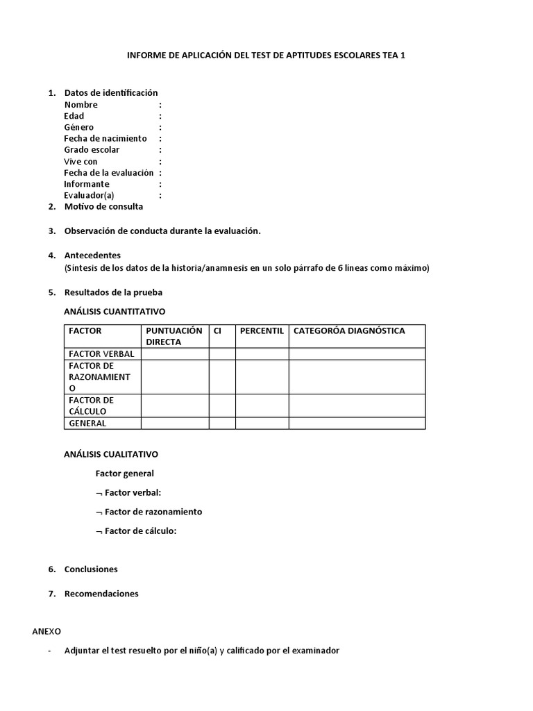 Informe de Evaluación de Aptitudes TEA 1 | PDF | Salud y bienestar