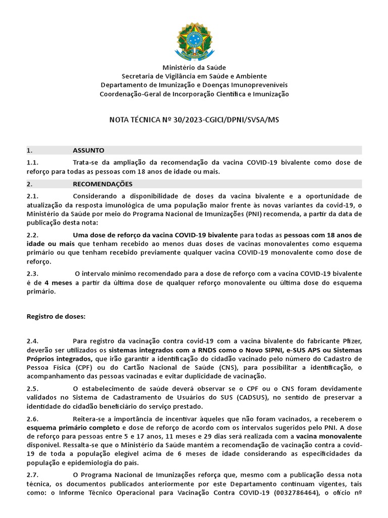 Nota Técnica #30-2023-Cgici-Dpni-Svsa-Ms | PDF | Vacinas | Epidemiologia