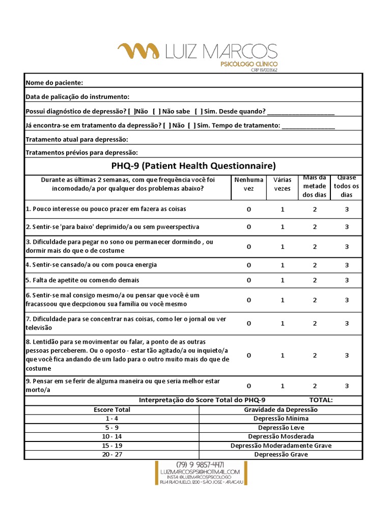 Escala de Depressão PHQ9 | PDF | Depressão | Medicina Clínica