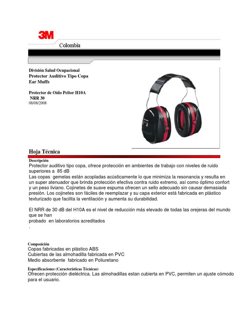 Ficha Tecnica Protector Auditivo H10A TCOPA NRR30 3m - Cormancol | PDF
