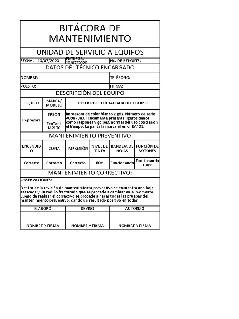 Bitacora de Mantenimiento Laboratorio | PDF