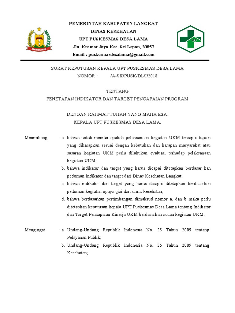 SK Kepala Puskesmas Tentang Indikator Dan Target Pencapaian Program | PDF