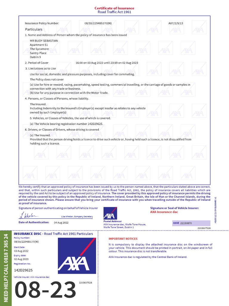 Certificate and Disc of Insurance | PDF | Insurance