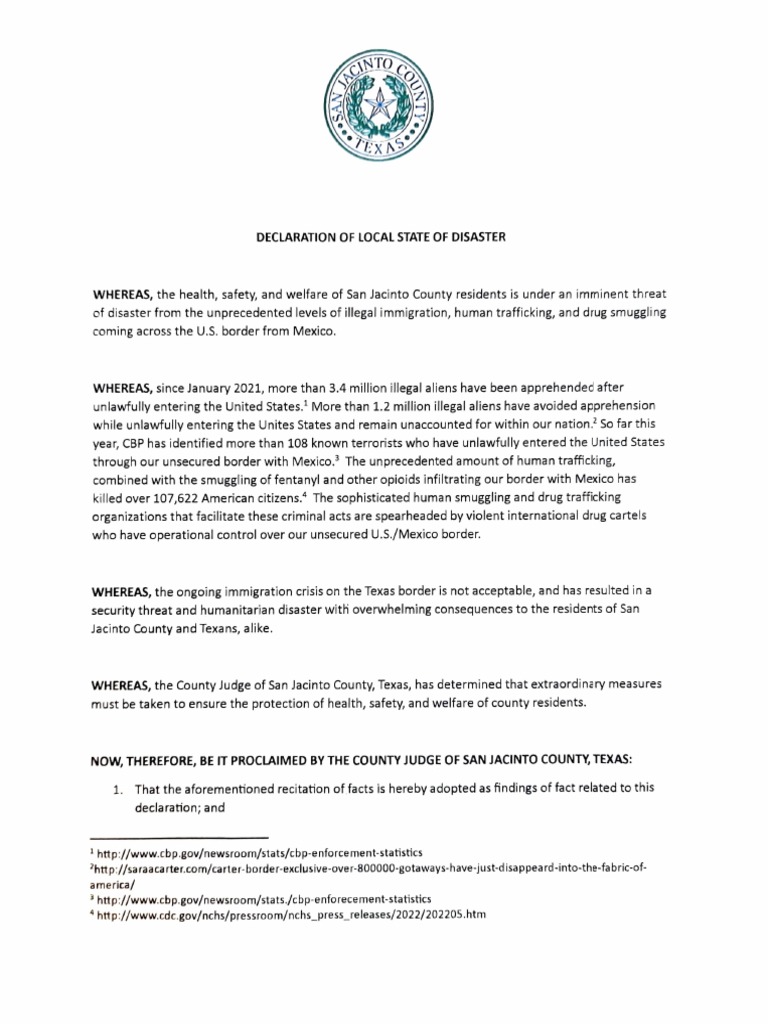 San Jacinto County Declaration of Local State of Disaster | Download ...