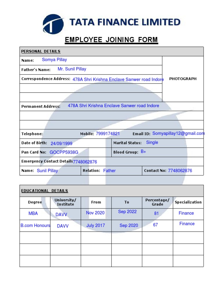 Tata Finance Limited Employee Joining Form 2023 | PDF