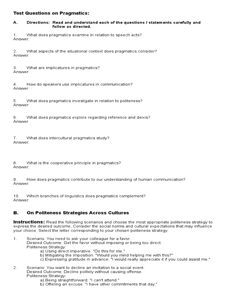 Week 6 Test Questions On Pragmatics | PDF | Communication | Cross ...