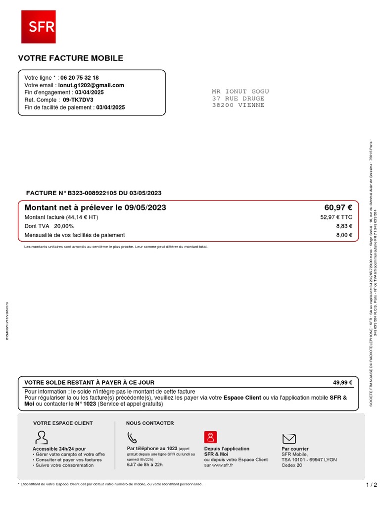 Facture SFR - Mai 2023 | PDF