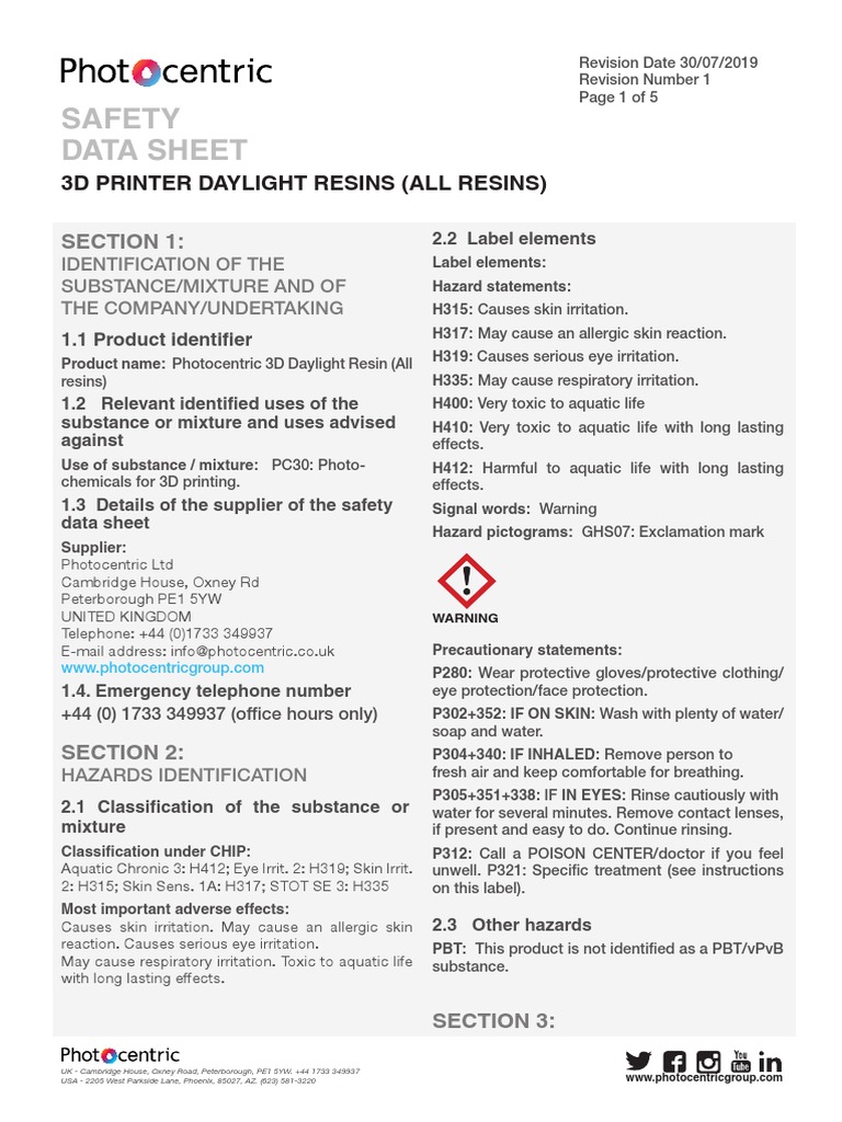 Safety Data Sheet Photopolymer 3D Printer DAYLIGHT Resin | PDF ...