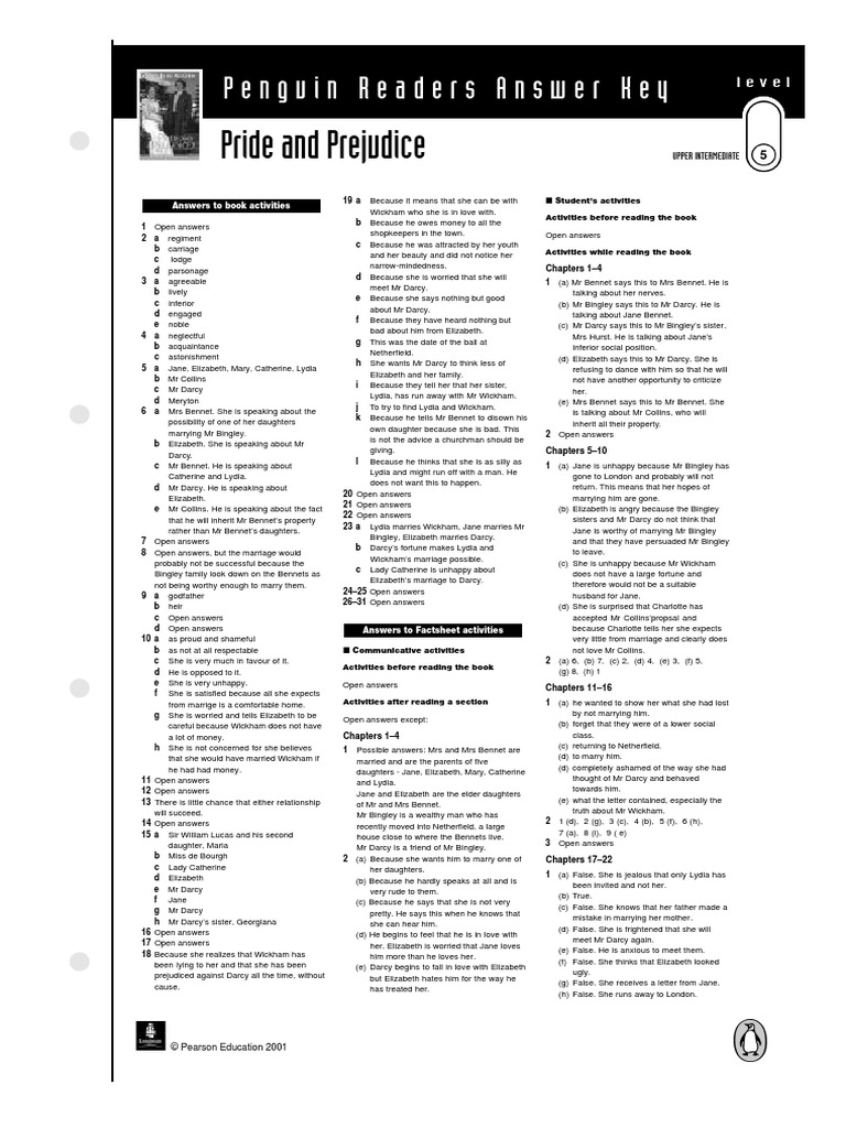 Pride and Prejudice: Penguin Readers Answer Key | PDF | Mr. Darcy ...
