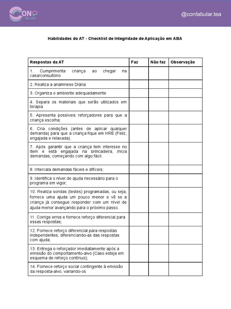 Habilidades Do AT Checklist de Integridade de Aplicação em ABA | PDF