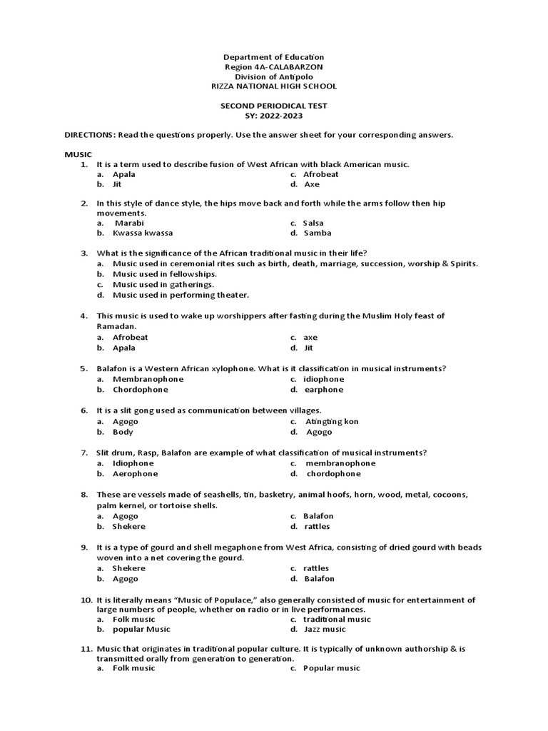 2nd Quarter Exam Grade 10 MAPEH | PDF