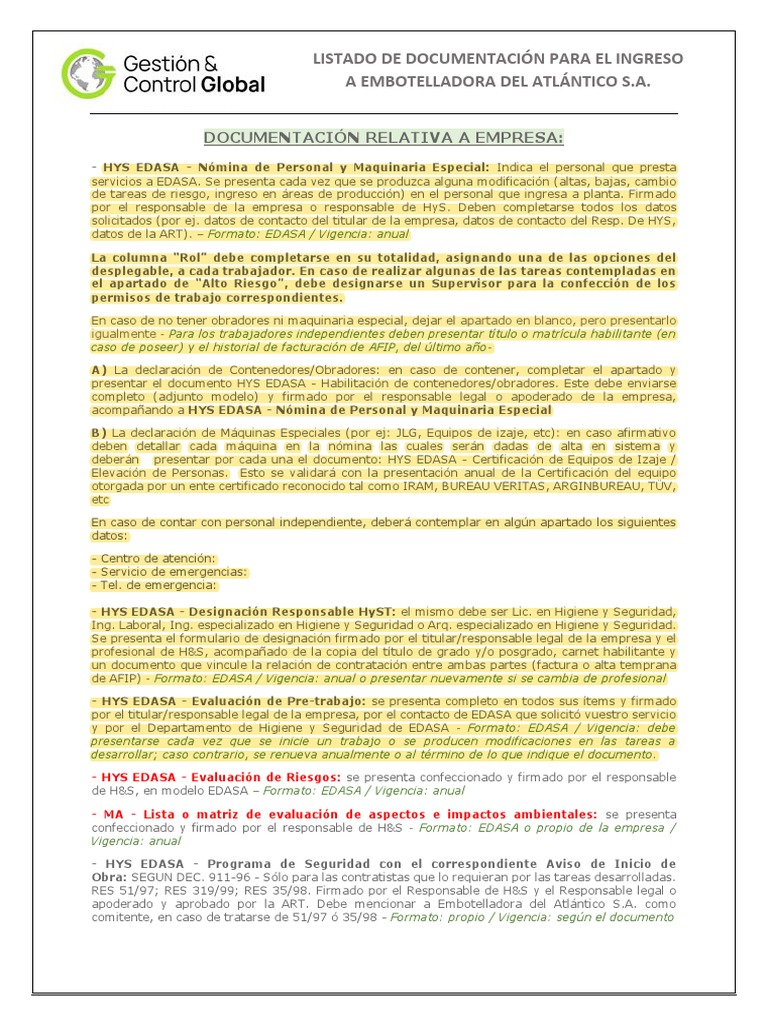 EDASA - Instructivo de Documentación para Contratistas Mantenimiento - Puesta A Punto - Montaje ...