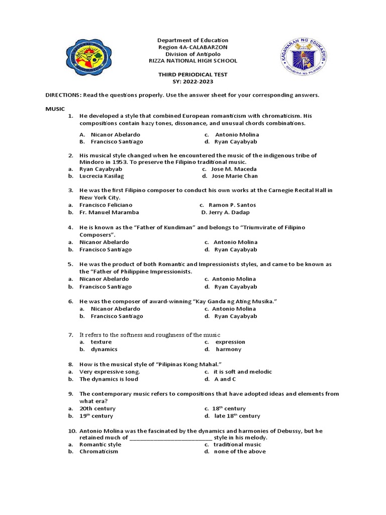 3rd quarter exam grade 10 MAPEH | PDF