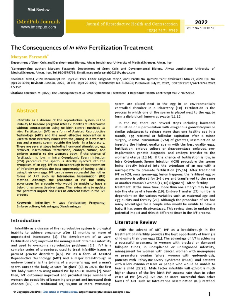 The Consequences of in Vitro Fertilization Treatment | PDF | In Vitro ...