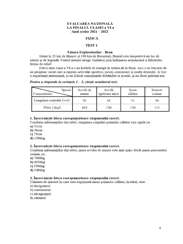 Teste Evaluare Nationala Clasa A 6 A - Fizica | PDF