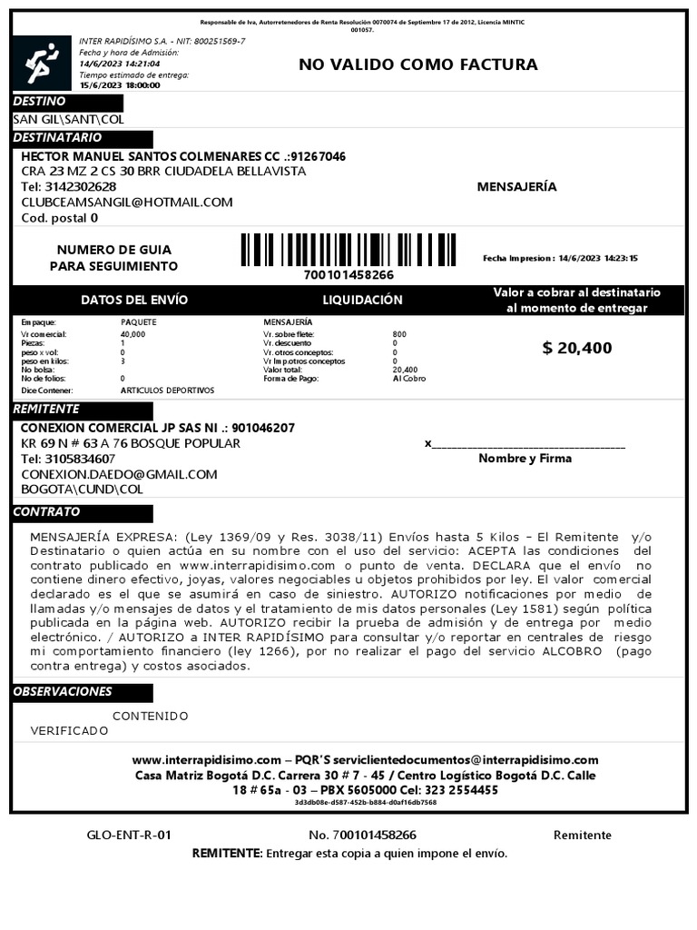 No Valido Como Factura: Mensajería | PDF