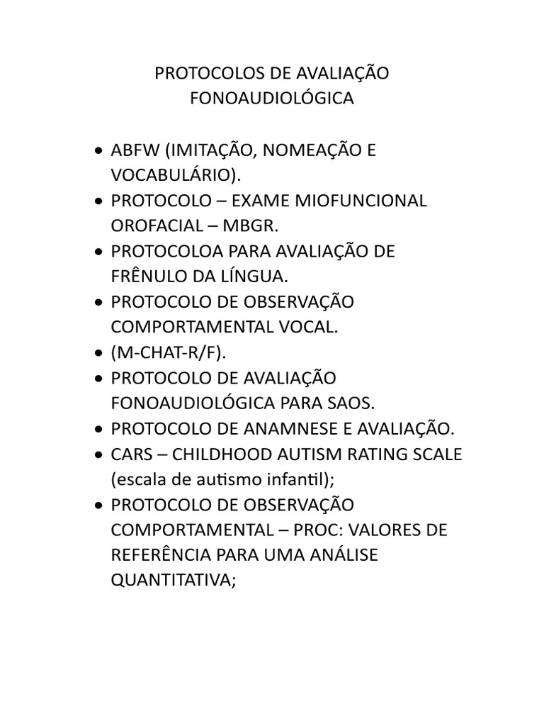 Protocolos de Avaliação Fonoaudiológica | PDF Protocolos de Avaliação Fonoaudiológica | PDF