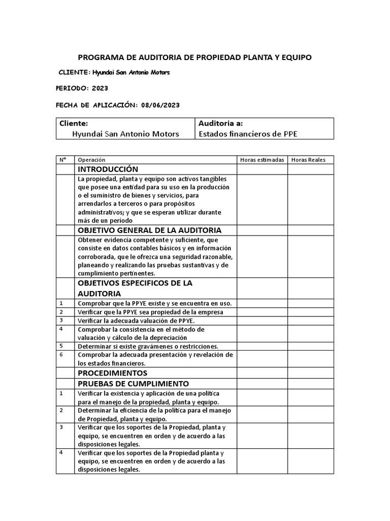 PROGRAMA Y PROCEDIMIENTO DE AUDITORIA DE PROPIEDAD PLANTA Y EQUIPO | PDF