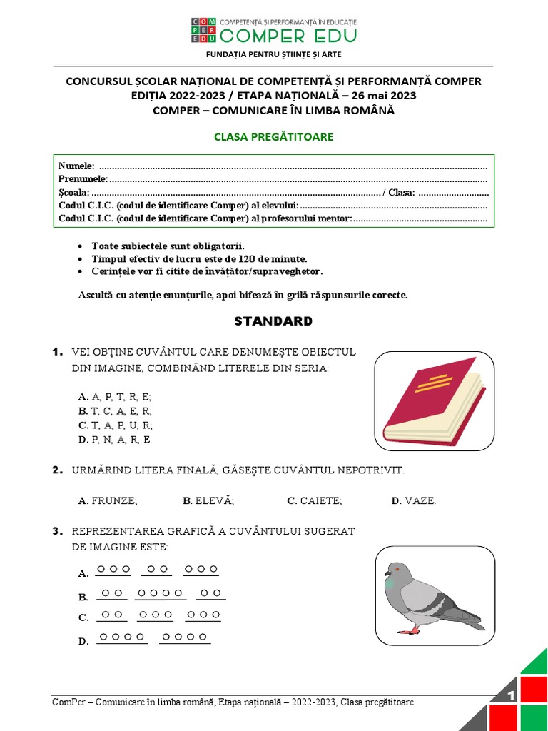 Subiect Comper Romana EtapaN 2022 2023 Clasa0 | PDF