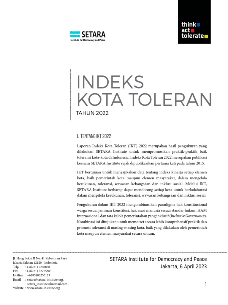 Indeks Kota Toleran (Ikt) - Setara Institute-2022 | PDF