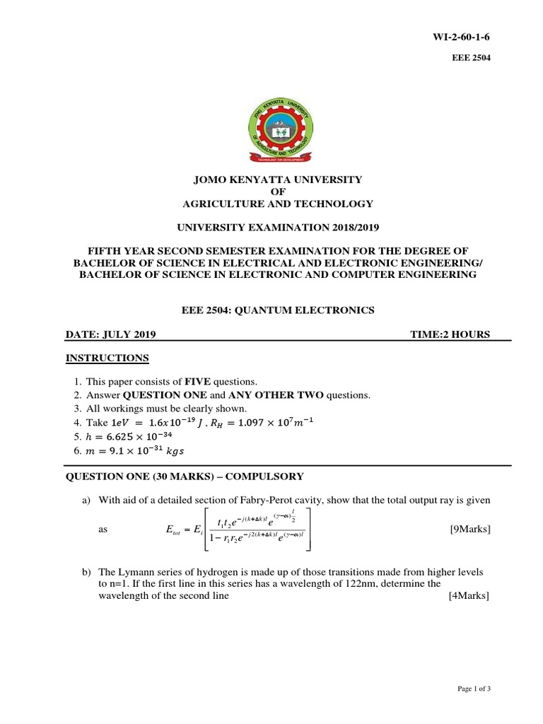 Quantum Electronics Exam Paper 2019 | PDF