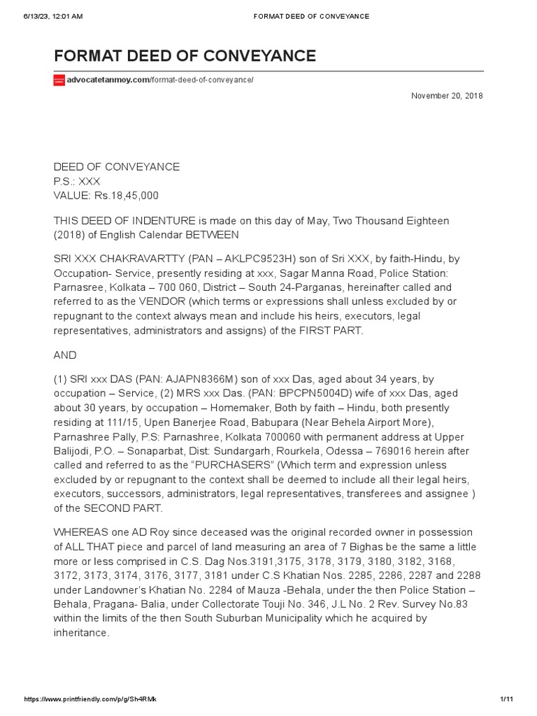 Format Deed of Conveyance | PDF | Payments | Cheque
