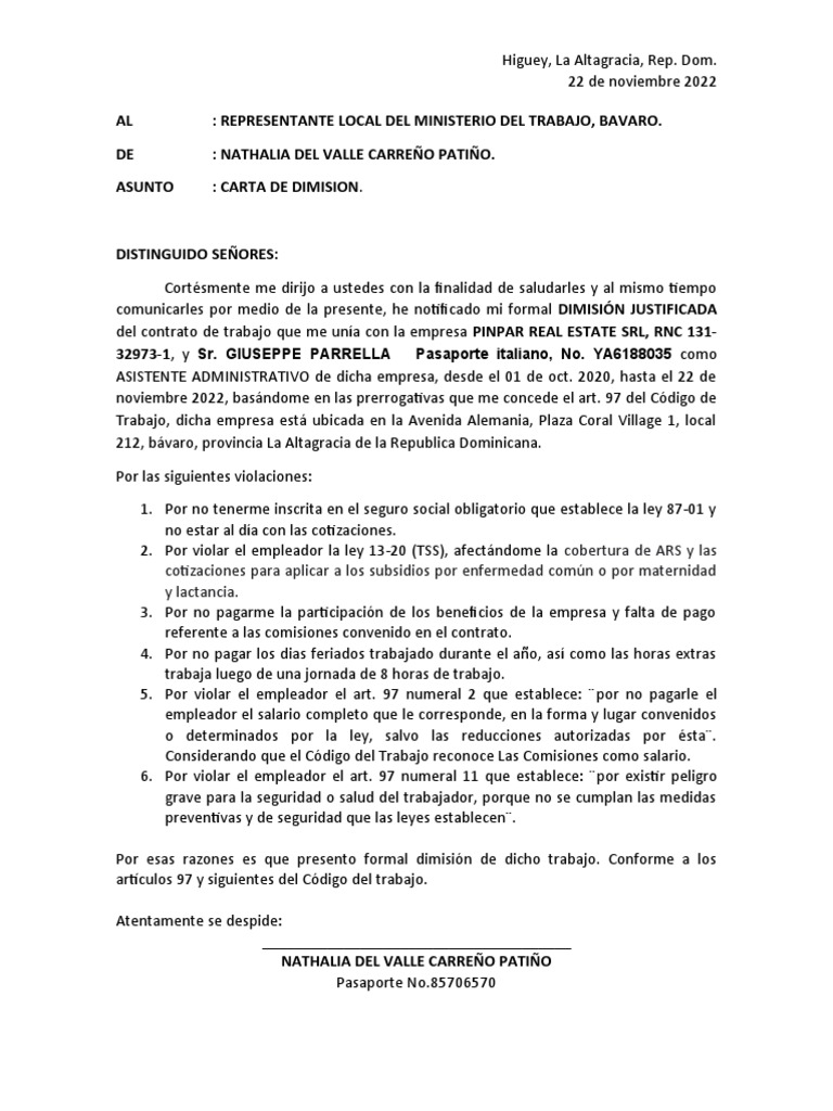 Carta de Dimision - Ministerio Trabajo | PDF Carta de Dimision - Ministerio Trabajo | PDF