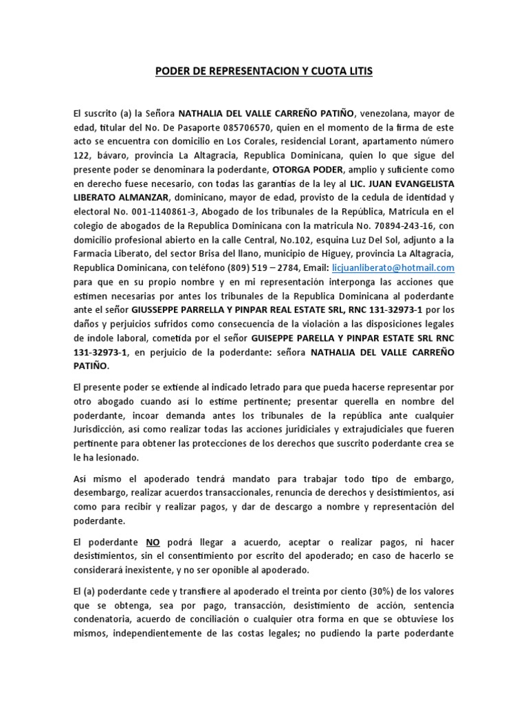 Poder de Representacion y Cuota Litis | PDF | Ley común | Gobierno