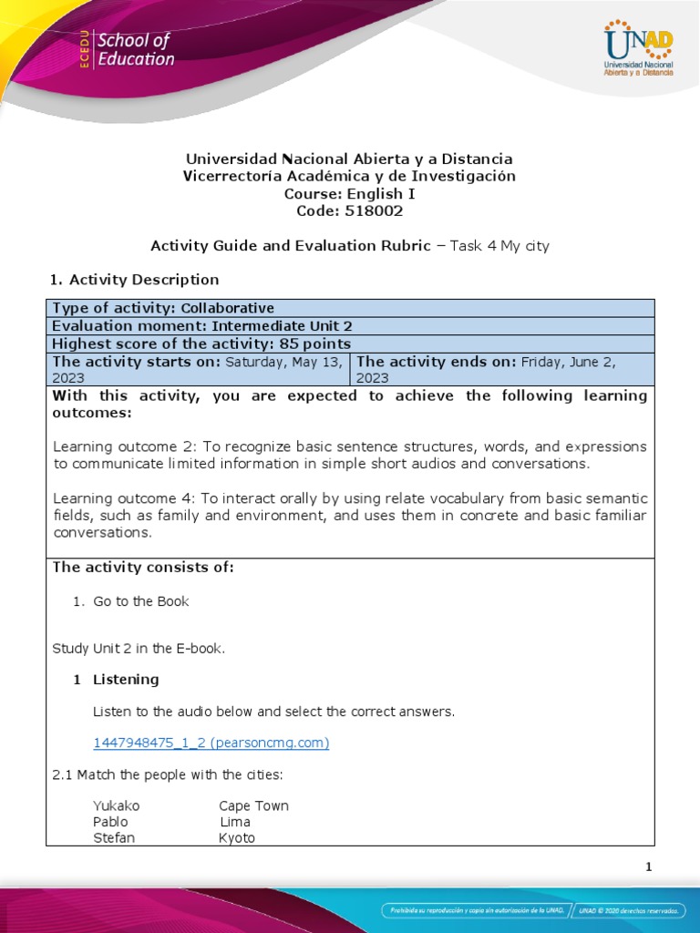 Activity Guide and Evaluation Rubric - Unit 2 - Task 4 - My City | PDF