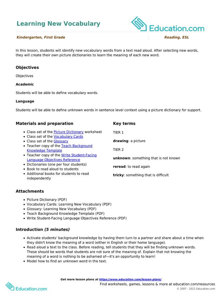 Learning New Vocabulary: Objectives | PDF | Lesson Plan | Vocabulary