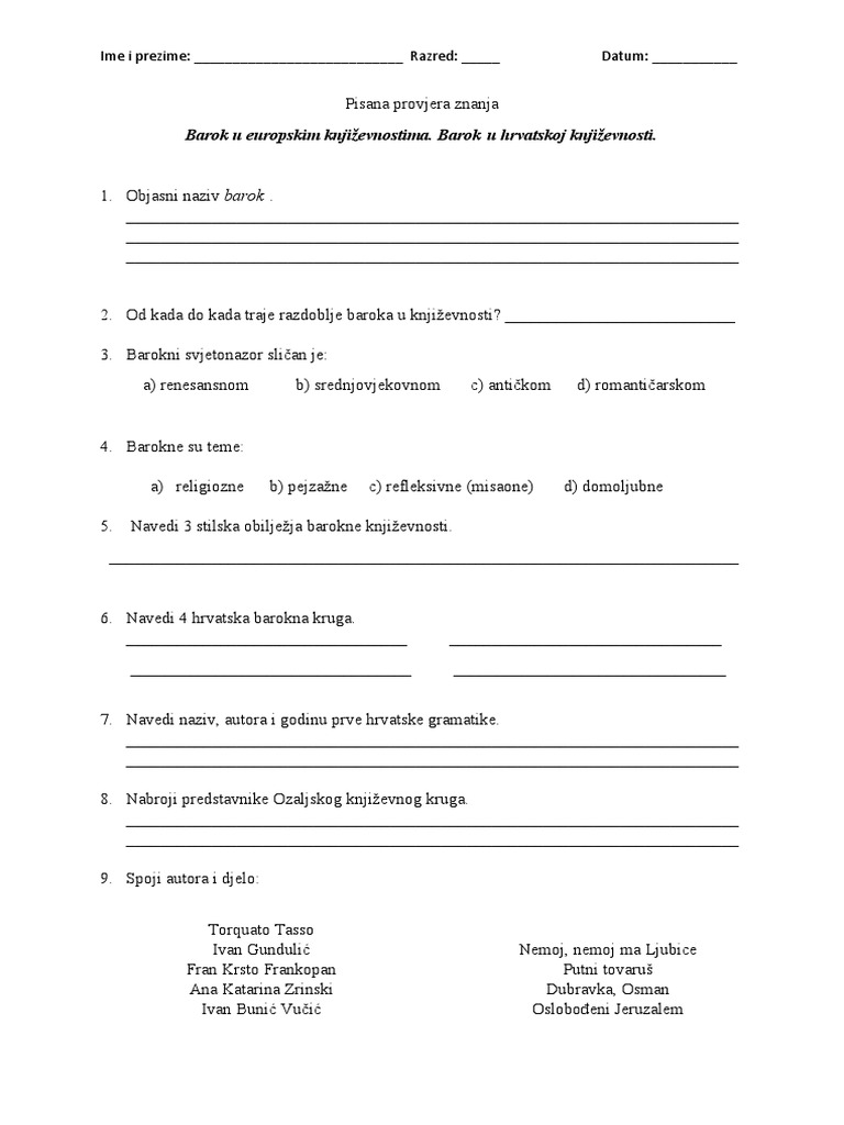 Pisana Provjera Znanja-Barok | PDF