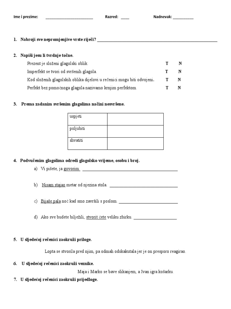 TEST - Glagoli I Nepromjenjive Vrste Riječi | PDF