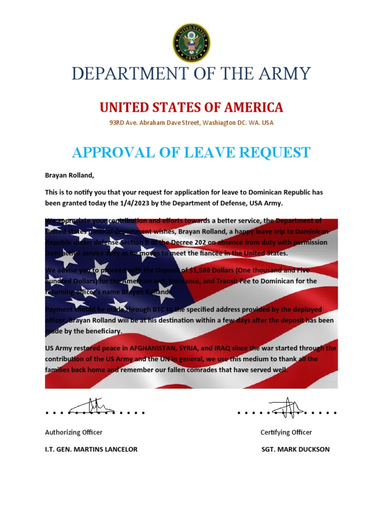 Military Leave Approval for Brayan Rolland | PDF