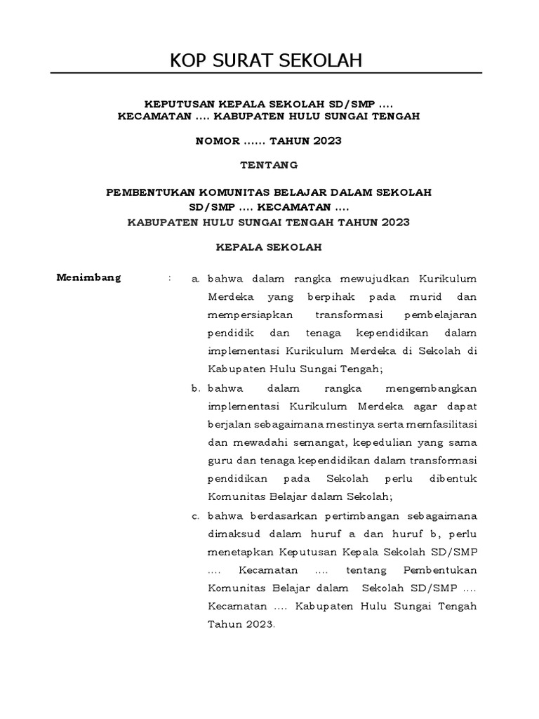Format SK Komunitas Belajar Dalam Sekolah HST | PDF