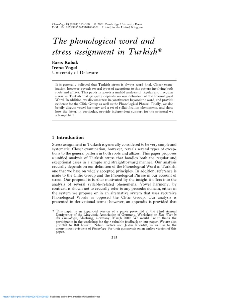 The Phonological Word and Stress Assignment in Turkish | PDF | Language ...