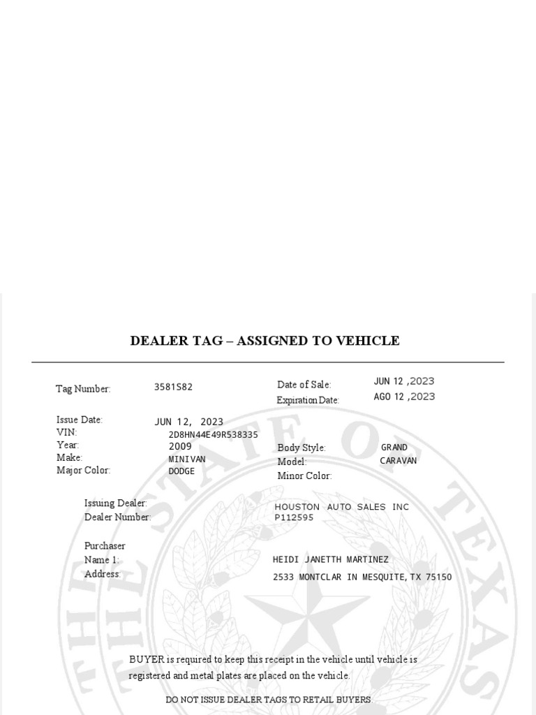 Dealer Tag Assignment Receipt Template | PDF