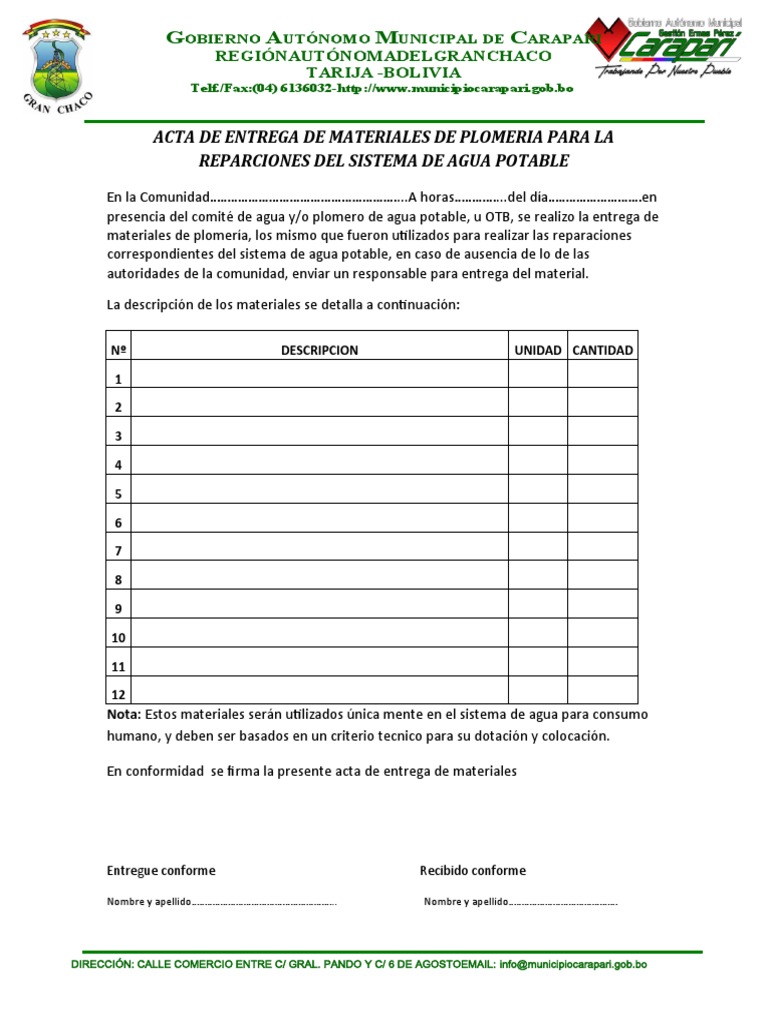 Acta de Entrega de Material A Comunidades | PDF | Ingeniería hidráulica | Agua