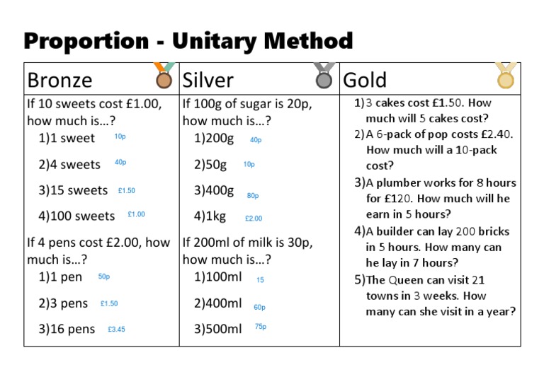 Unitary Method Proportion Ratio - Homework - Sheet | PDF | Cooking ...