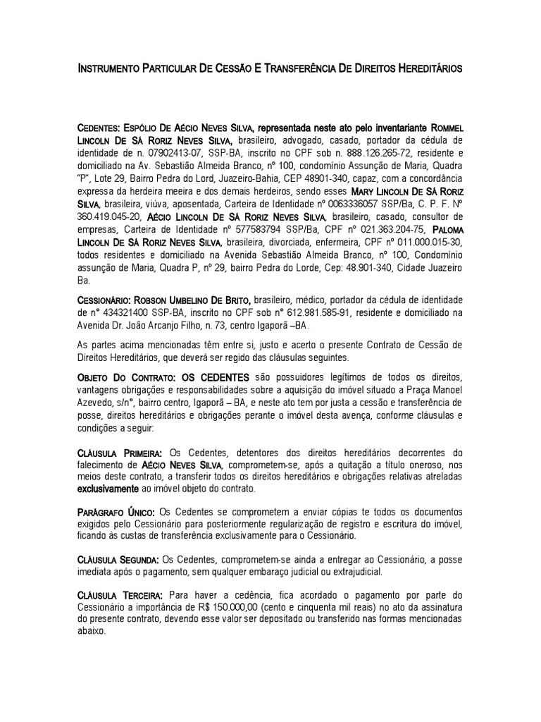 Cessão De Direitos Hereditários Em Imóvel Pdf Direito