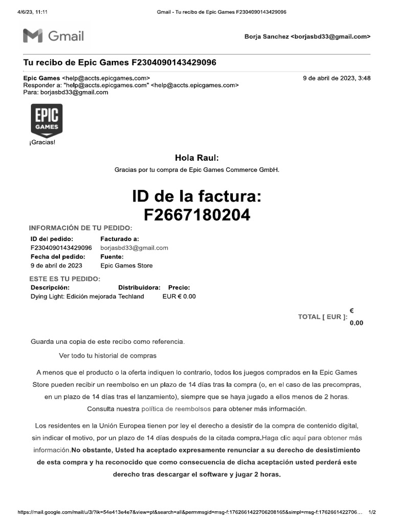 recibo compra epic games | PDF