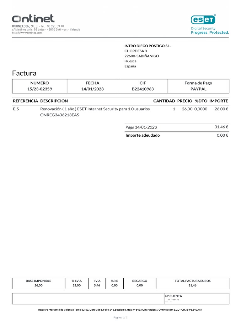 Factura: Numero 15/23-02359 Fecha 14/01/2023 CIF B22410963 Forma de ...