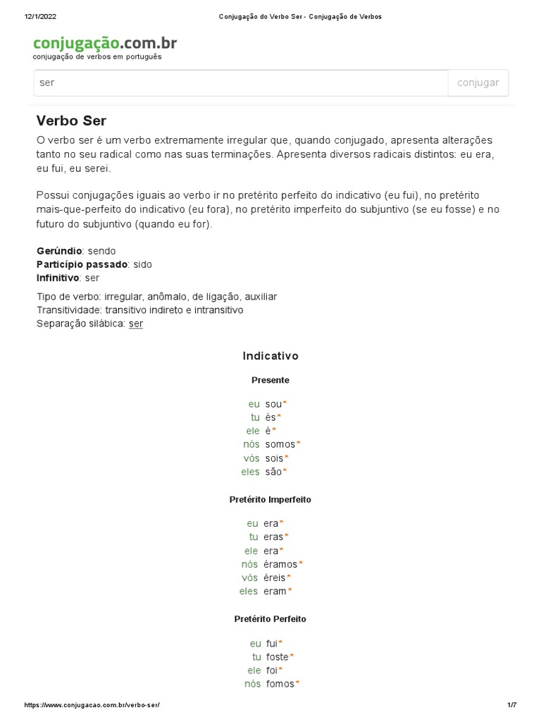 Conjugação Do Verbo Ser - Conjugação de Verbos | PDF